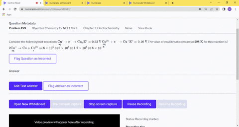⏩SOLVED:Consider the following half-reactions: aq Cu^++e^- →Cus^'… | Numerade