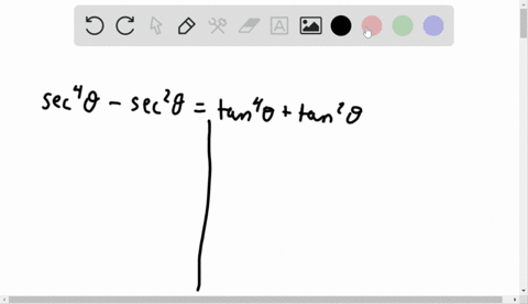SOLVED:Establish each identity. sec^4 θ-sec^2 θ=tan^4 θ+tan^2 θ