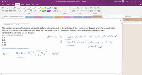 SOLVED: The reaction between chlorine and nitric oxide to form nitrosyl chloride is shown below ...