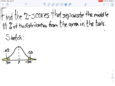 SOLVED: Find the Z -scores that separate the middle 99 % of the ...