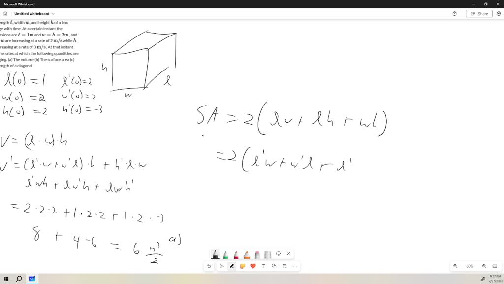 The length ℓ, width w, and height h of a box change with time. At a certain instant the ...