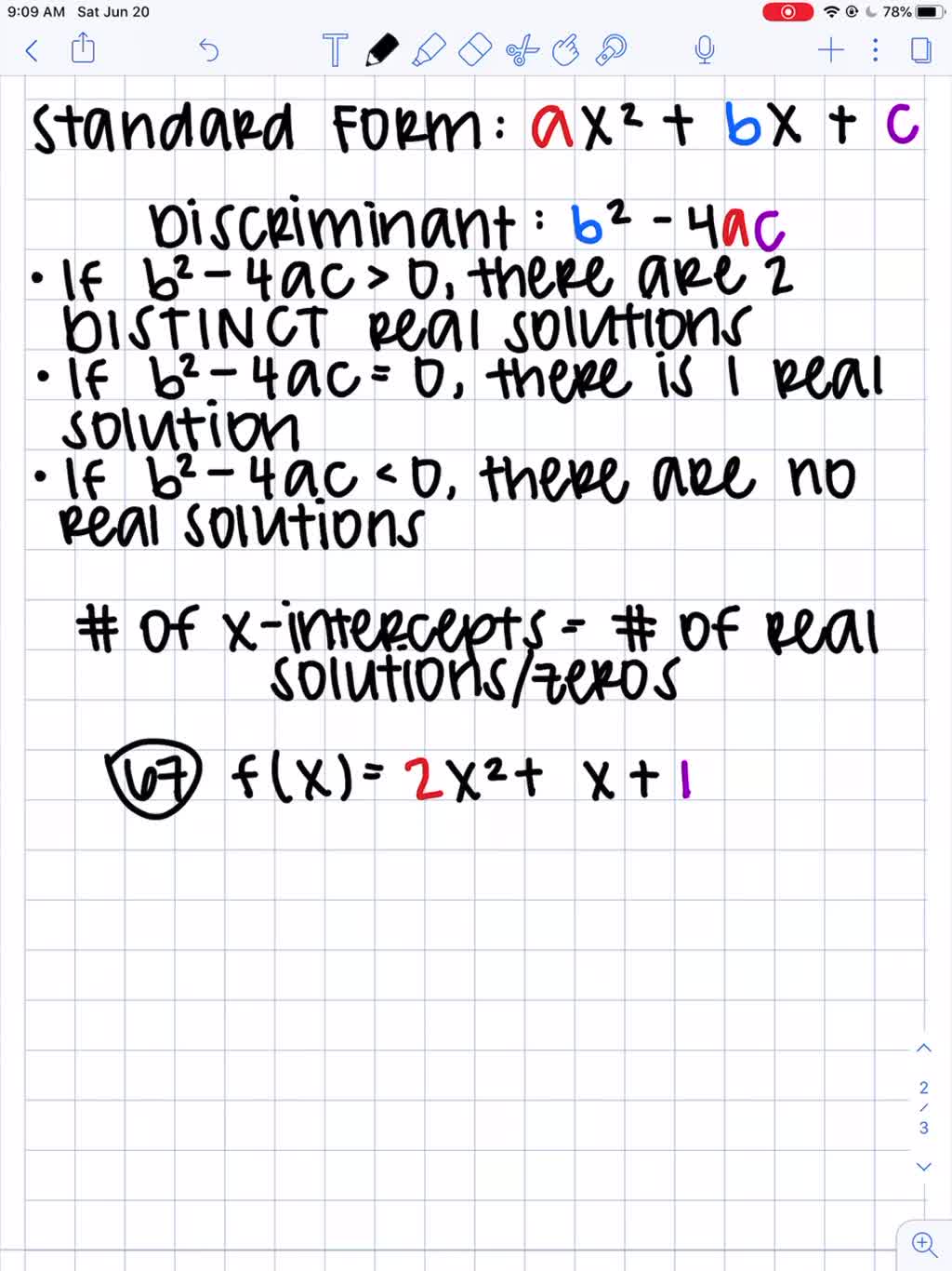 SOLVED:For function of the form f(x)= a x^2+b x+c, find the discriminant, b^2-4 a c, and use it ...