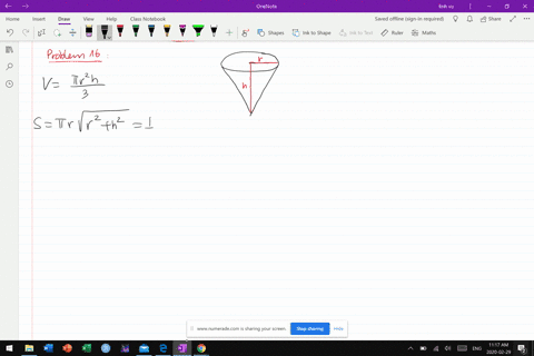 SOLVED:A right circular cone (Figure 15) has volume V=(π)/(3) r^2 h and ...