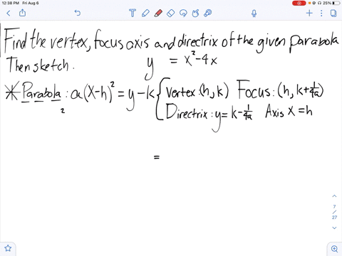 SOLVED:Find the vertex, focus, axis, and directrix of the given parabola. Then sketch the ...