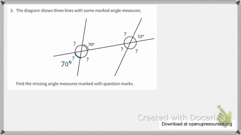 SOLVED:The diagram shows two intersecting lines. Find the missing angle measures.