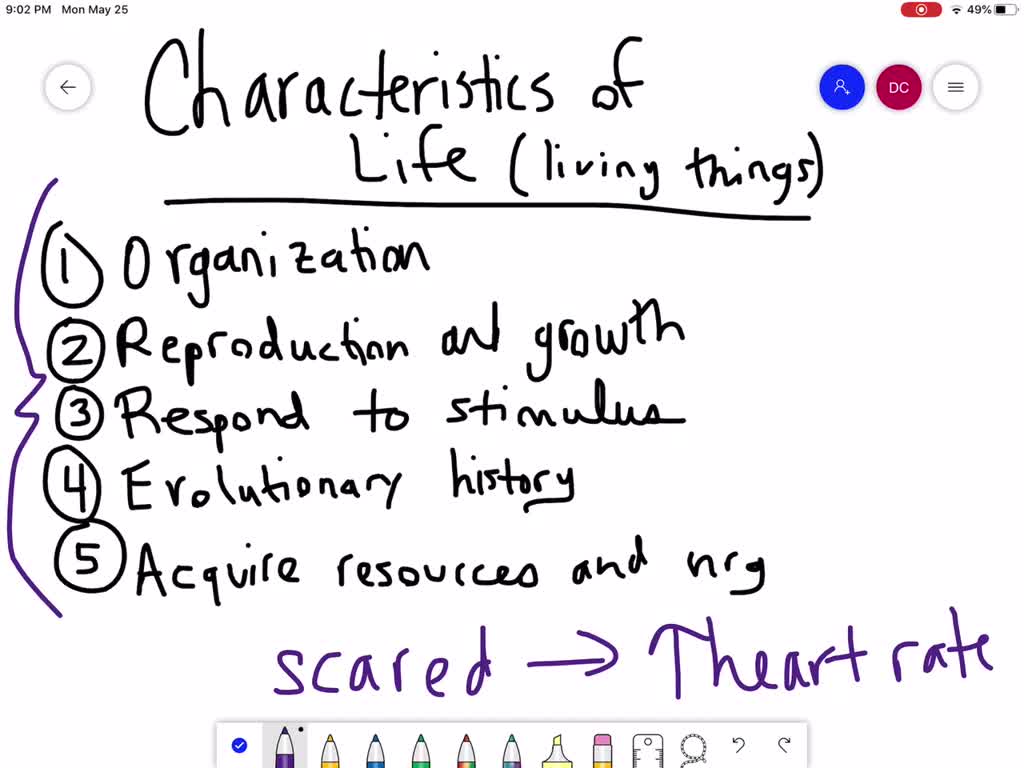 Match each description with the correct characteristic of life from the ...
