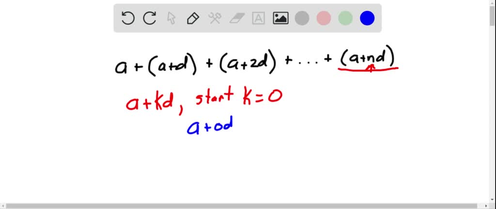 SOLVED:Express each sum using summation notation. a+(a+d)+(a+2 d)+⋯+(a+n d) SOLVED:Express each sum using summation notation. a+(a+d)+(a+2 d)+⋯+(a+n d)