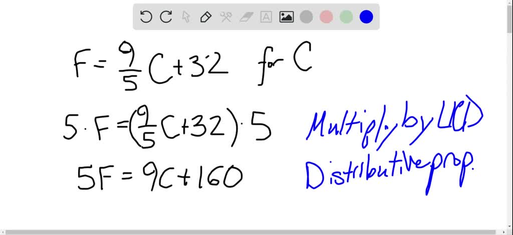 Solve each equation for the specified variable. See Example I. F=(9)/(5) C+32 for C | Numerade