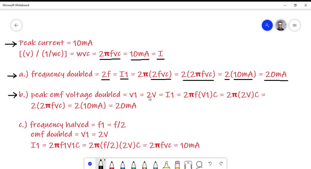 The peak current through a capacitor is 10.0 mA. What is the current if ...