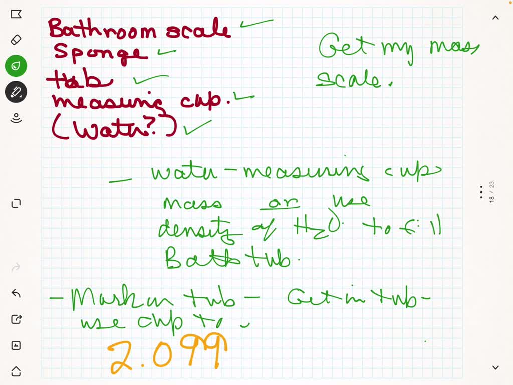 SOLVED:Using a bathroom scale, a tub, a sponge, and a measuring cup ...