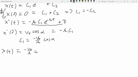 SOLVED:Linear drag Derive the equations x=(v0)/(k)(1-e^-k ') cosα y=(v0 ...