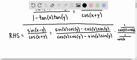 SOLVED:Proving Identities Prove the identity. (tanx-tany)/(1-tanx tany)=(sin(x-y))/(cos(x+y))