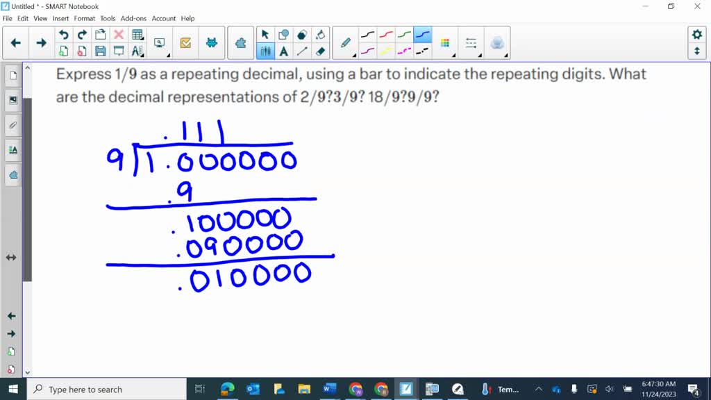 Express 1/ 9 as a repeating decimal, using a bar to indicate the ...