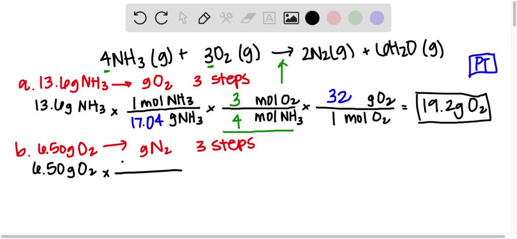 SOLVED:Ammonia and oxygen react to form nitrogen and water. 4 NH3( g)+3 O2( g) 2 N2( g)+6 H2 O(g ...