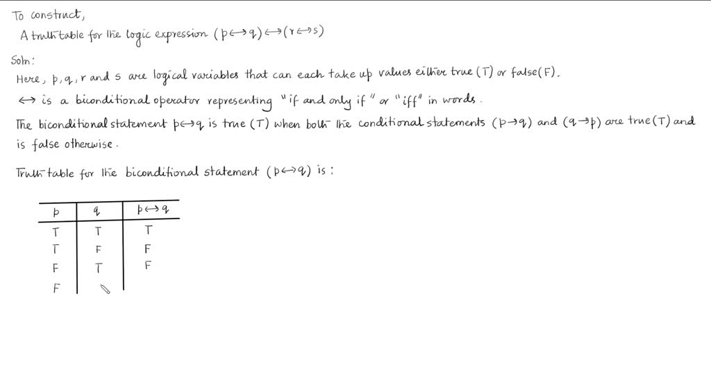 Construct a truth table for (p ↔q) ↔(r ↔s). | Numerade