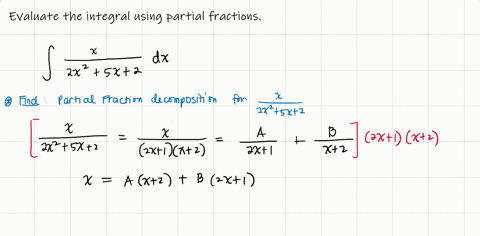 SOLVED:Use partial fractions to evaluate the given integral. ∫(x)/(2 x^2+5 x+2) d x