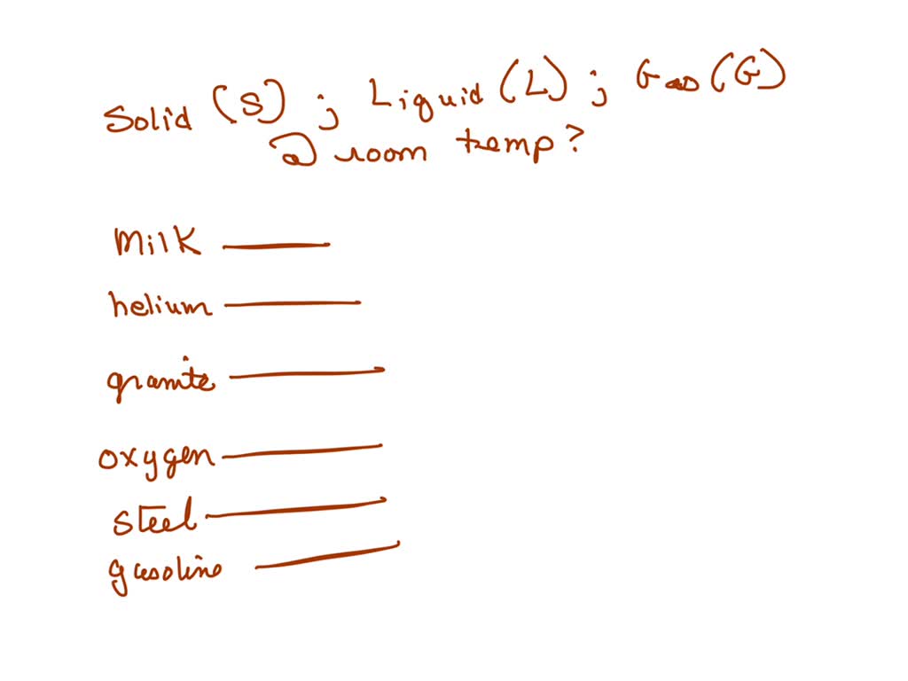 ⏩SOLVED:Classify the following materials as solid, liquid, or gas at ...