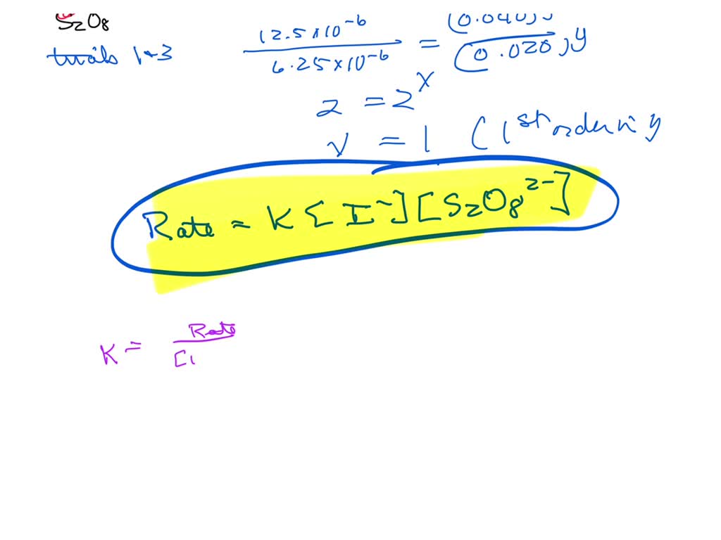 The reaction 2 I^-(a q)+S2 O8^2-(a q) I2(a q)+2 SO4^2-(a q) was studied ...