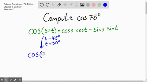 SOLVED:Use the formula for cos(s+t) to compute the exact value of cos75^∘.