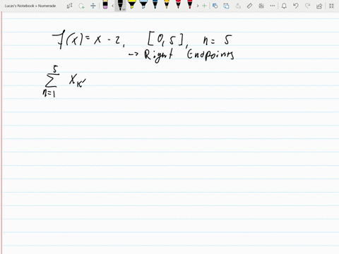 ⏩SOLVED:Given f(x)=x-2 on [0,5], compute the Riemann sum using a… | Numerade