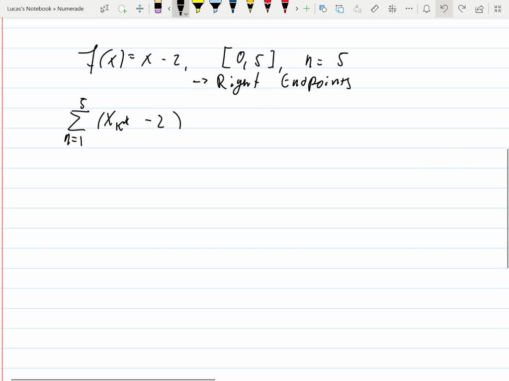 ⏩SOLVED:Given f(x)=x-2 on [0,5], compute the Riemann sum using a… | Numerade