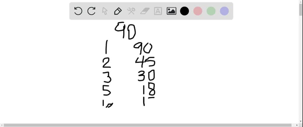 SOLVED:List all factors of each number. 90 SOLVED:List all factors of each number. 90