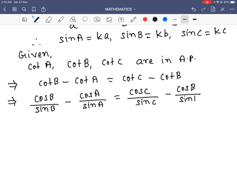 SOLVED:In a triangle A B C, if cotA, cotB, cotC are in A.P., then a^2, b^2, c^2, are in ...