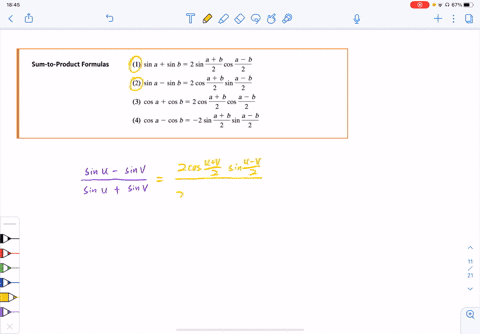 SOLVED:Verify the identity. (sinu-sinv)/(sinu+sinv)=(tan(1)/(2)(u-v ...