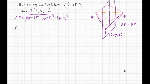 SOLVED: Find an equation of the set of all points equidistant from the points A(-1,5,3) and B(6 ...