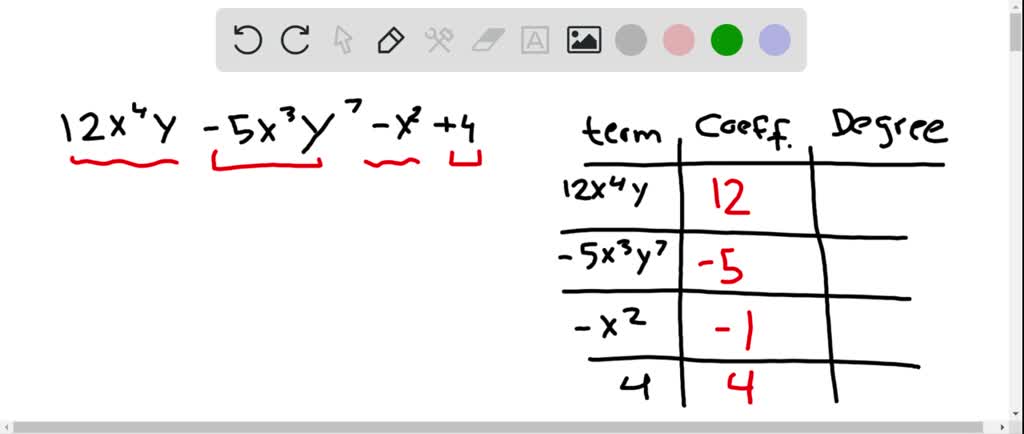 SOLVED:Determine the coefficient of each term, the degree of each term ...