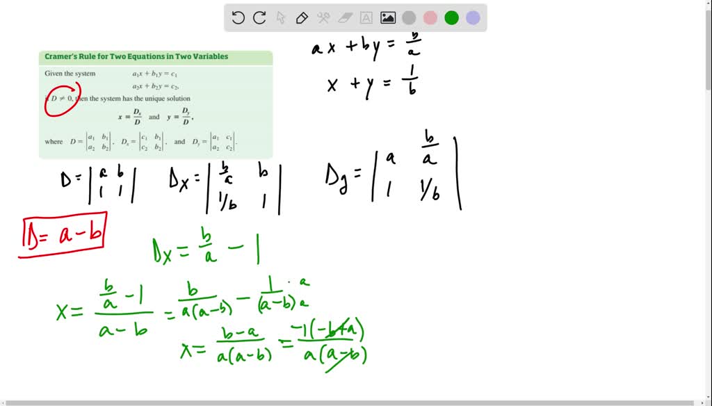 SOLVED:Solve each system for x and y using Cramer's rule. Assume a and b are nonzero constants ...