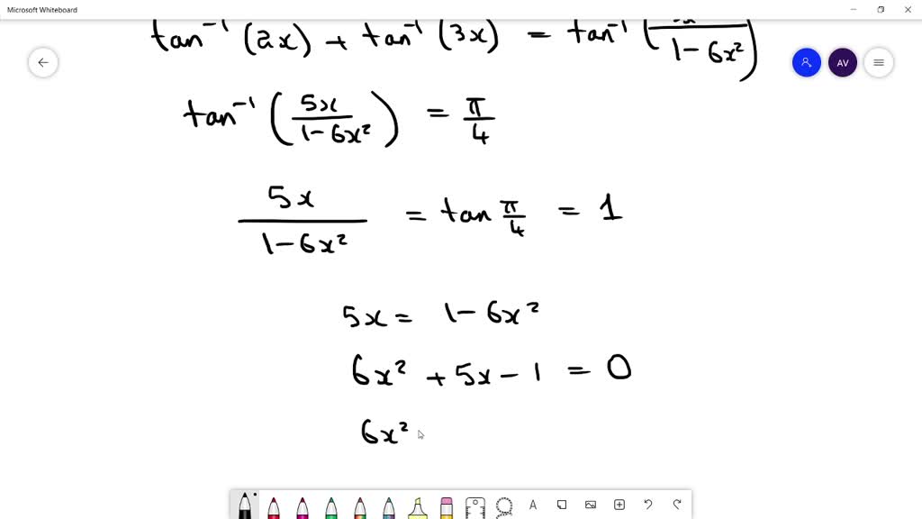 ⏩SOLVED: Solve the equation: tan^-1(2 x)+tan^-1(3 x)=(π)/(4) . | Numerade