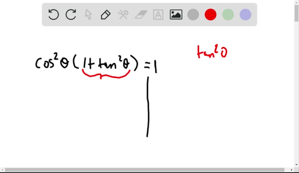 SOLVED:Establish each identity. cos^2 θ(1+tan^2 θ)=1