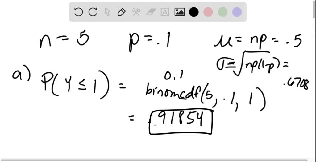 Let y be a binomial random variable with n=10 and π=5. a. Cakculate P(4 ≤y ≤6). b. Use a normal ...