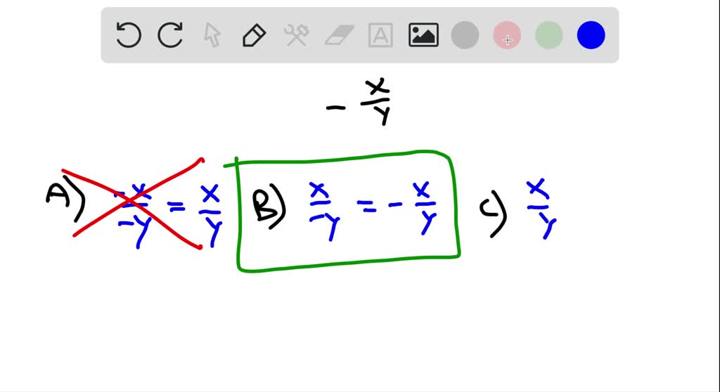 ⏩SOLVED:Which rational expressions equal -(x)/(y) ? A. (-x)/(-y) 𝐁 ...