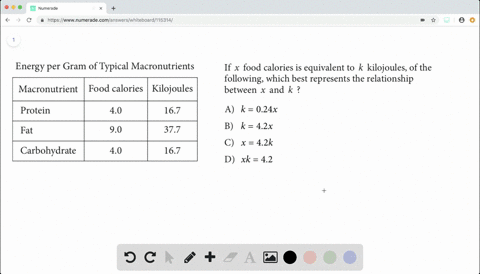 SOLVED:If x food calories is equivalent to k kilojoules, of the ...