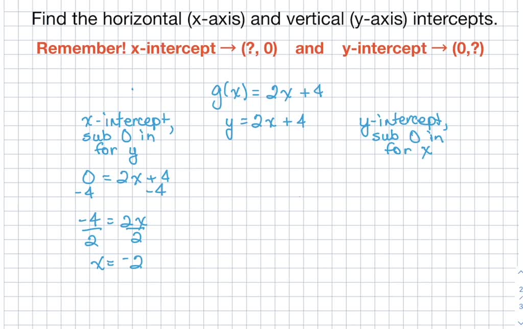 SOLVED:Find the horizontal and vertical intercepts of each equation. g ...