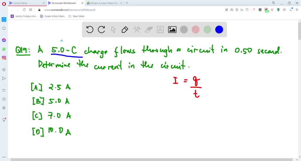 SOLVED:A charge of 5.0 coulombs moves through a circuit in o.5o second ...