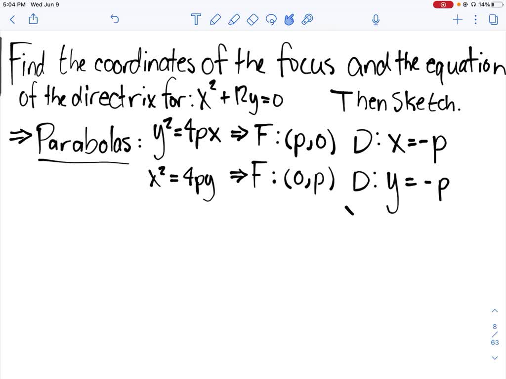SOLVED:Determine the coordinates of the focus and the equation of the ...
