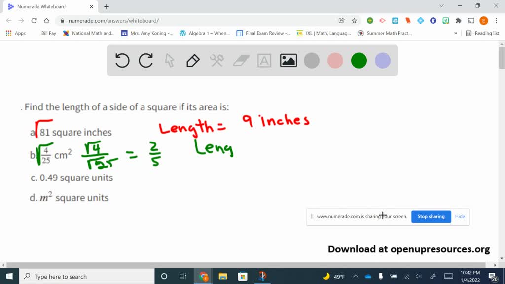 SOLVED:Find the length of a side of a square if its area is: a. 81 ...