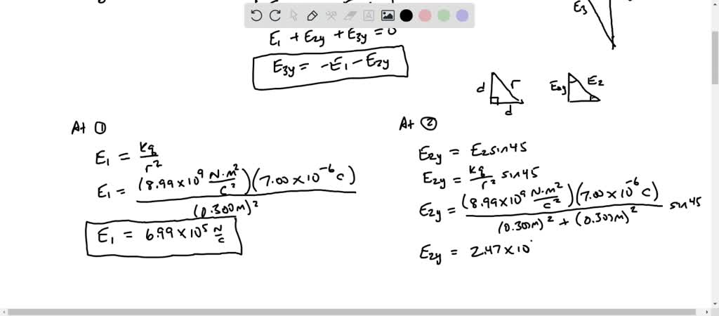 Two tiny objects with equal charge of 7.00 μC are placed at two corners ...