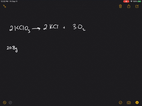 SOLVED: Determine the volume of O2 (at STP) formed when 50.0 g of KCLO3 ...