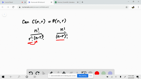 SOLVED:Can C(n, r) ever equal P(n, r) ? Explain.