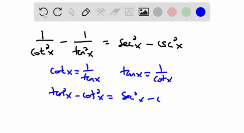 SOLVED:Verify each of the trigonometric identities. (1)/(cot^2 x)-(1)/(tan^2 x)=sec^2 x-csc^2 x