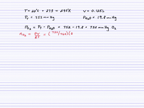 SOLVED:A sample of oxygen is collected over water at 228C and 752 mm Hg in a 125-mL flask. The ...