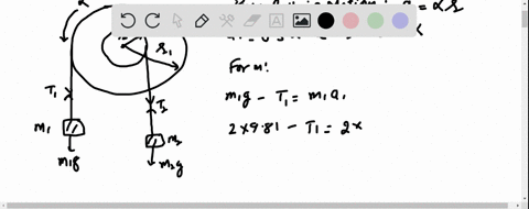 The moment of inertia of the pulley system in Fig. 10-4 is I=1.70 kg ·m ...