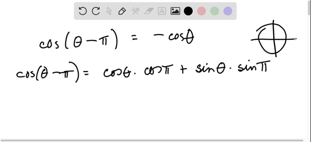 SOLVED:In Exercises 26 - 38 , verify the identity. cos(θ-π)=-cos(θ)