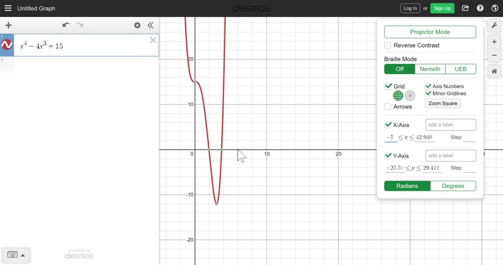 Find an appropriate graphing software viewing window for the given function and use it to ...