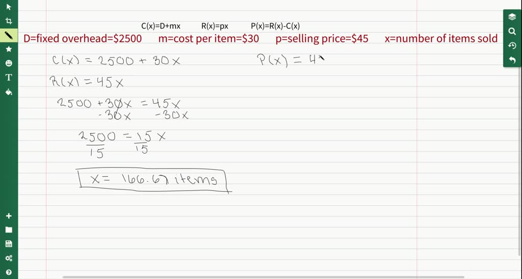 SOLVED:Rework Example 1 for fixed overhead of 2,500, cost per bottle of ...
