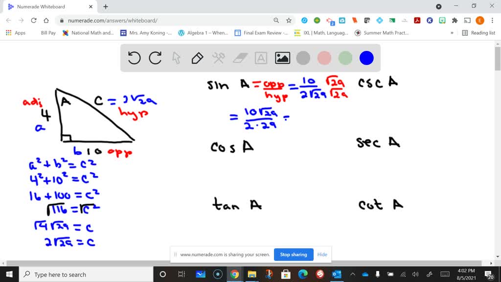In each of the triangles below, find sin(A), cos(A), tan(A), sec(A ...